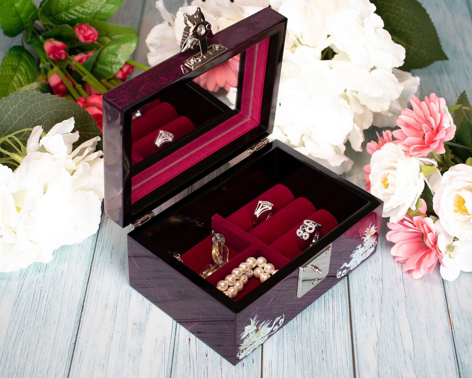 Mother of Pearl Purple Jewelry Lacquer Box Crane Art Handcrafted Box ...