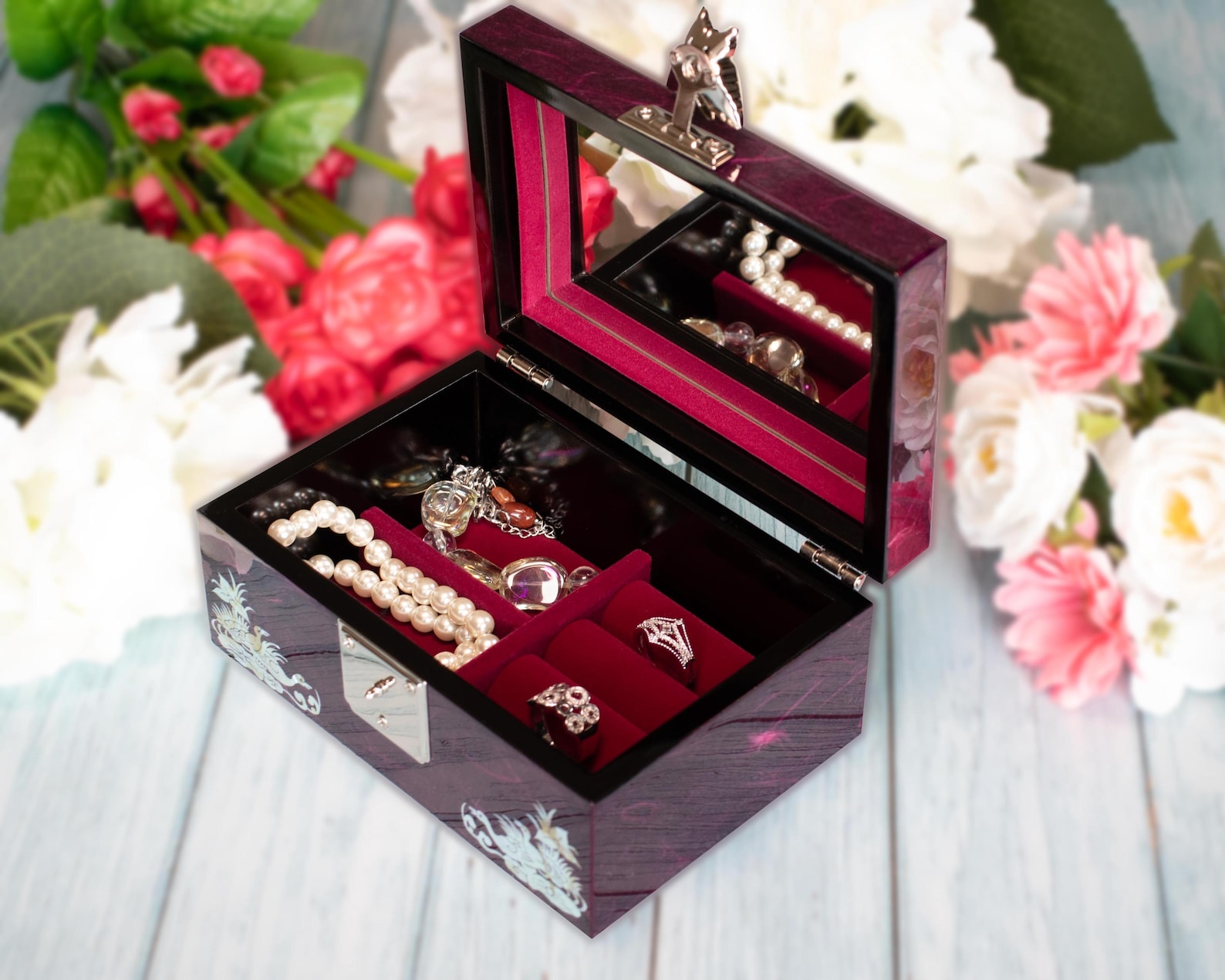 Mother of Pearl Purple Jewelry Lacquer Box Crane Art Handcrafted Box ...