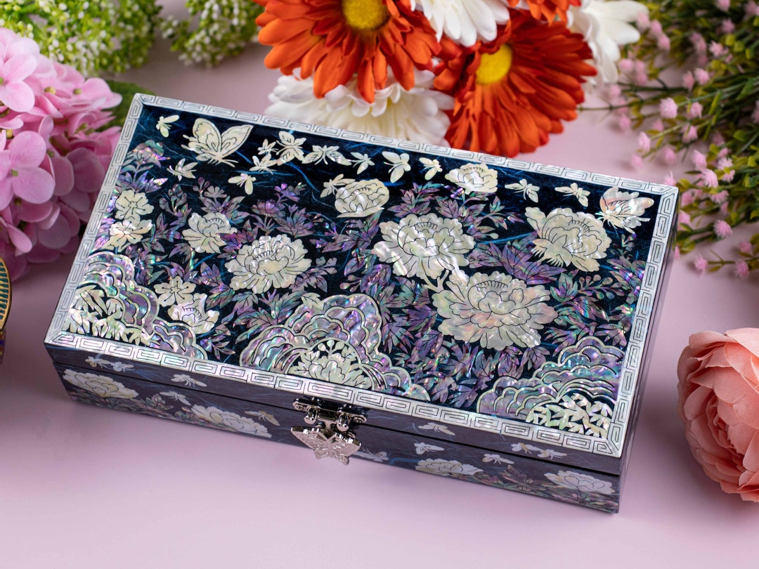 Mother of Pearl Jewelry Keepsake Box Asian Inlay Lacquer Wood Jewelry ...