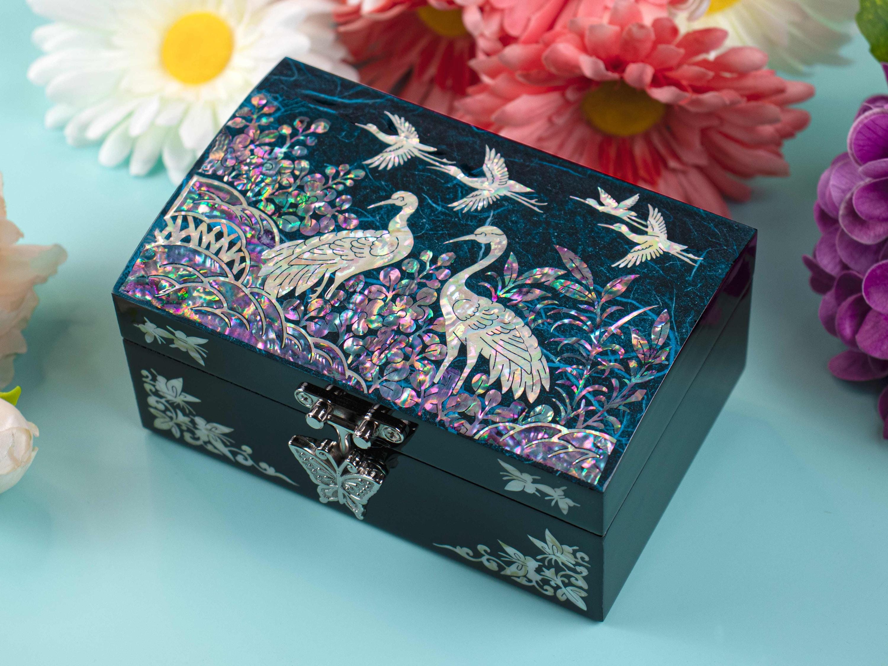 Blue Mother of Pearl Inlay Oriental Bird Jewelry Trinket Box: Vintage ...