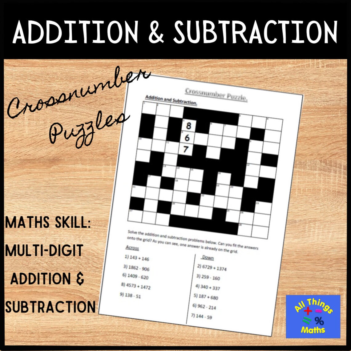 Addition & Subtraction Crossnumber Puzzles - Etsy
