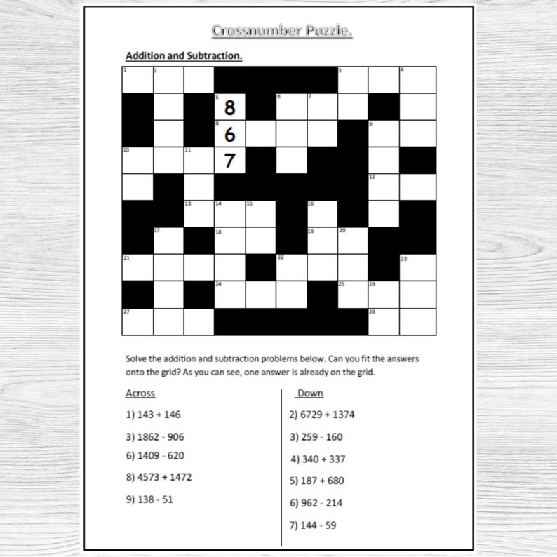 Addition & Subtraction Crossnumber Puzzles - Etsy