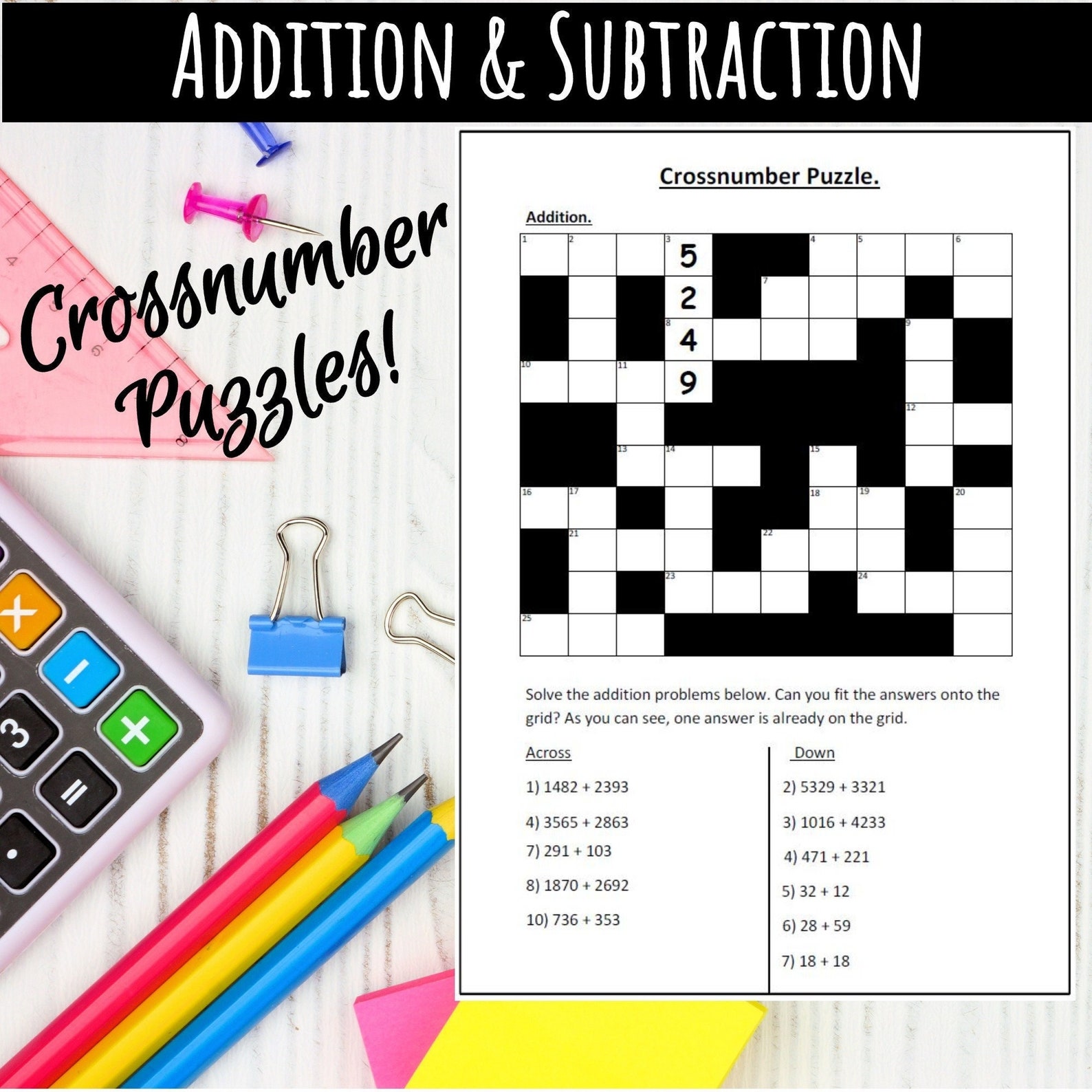 Addition & Subtraction Crossnumber Puzzles - Etsy