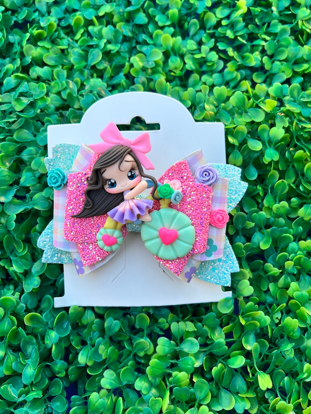 Girl on Bicycle Hair Bow/ Handmade Clay Hair Bow/ Summer Hair Bow for ...