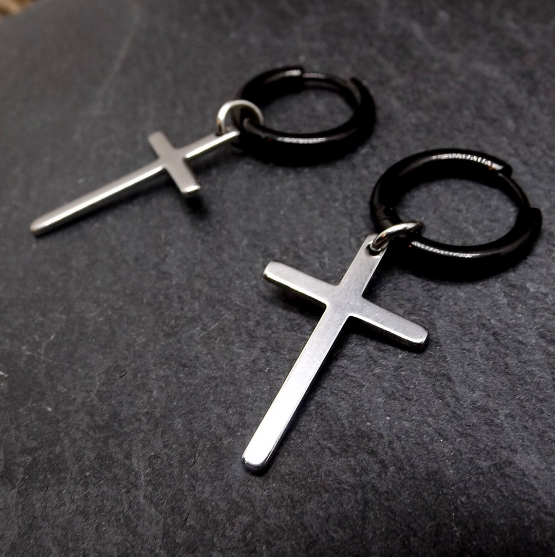 Pair of Earrings, Black Steel Hoops and Stainless Steel Crosses. - Etsy