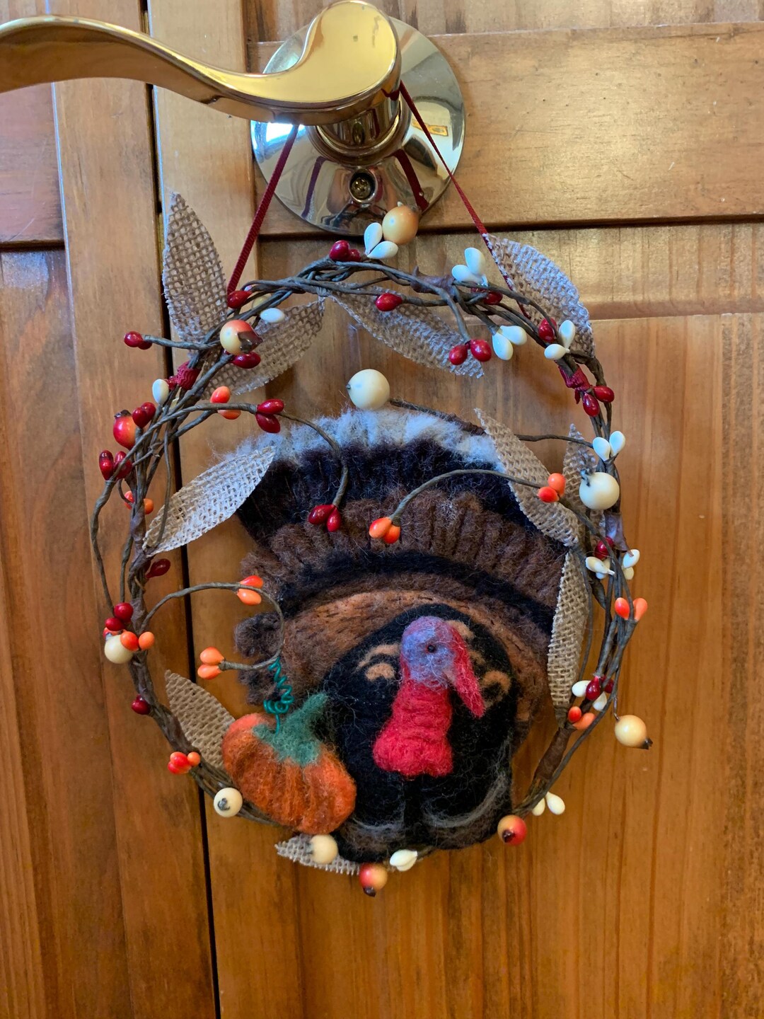 Handmade Needle Felted Fall Turkey and Pumpkin Small, Berried Wreath ...