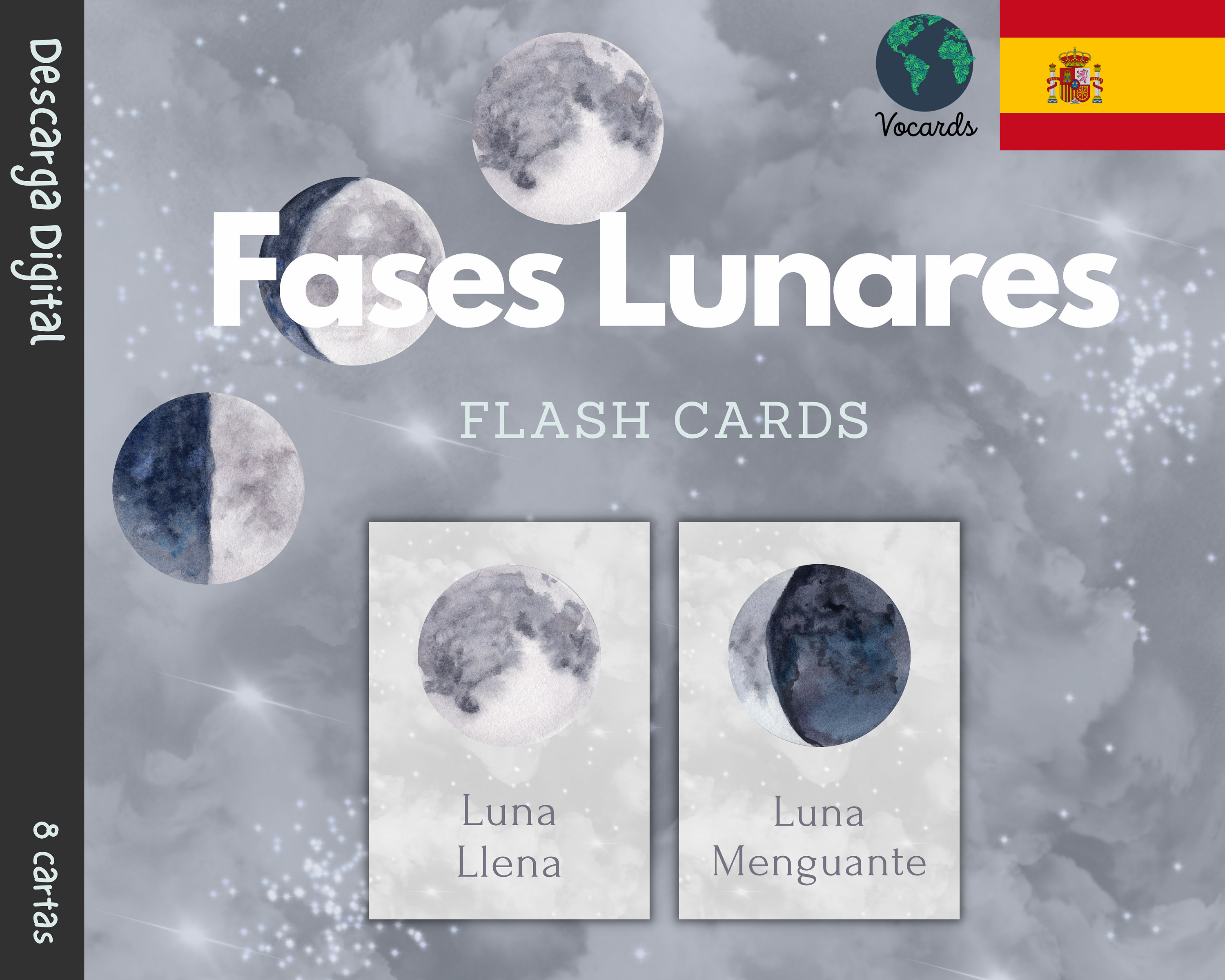 SPANISH Moon Phases Montessori Flashcards Learn Astrology - Etsy