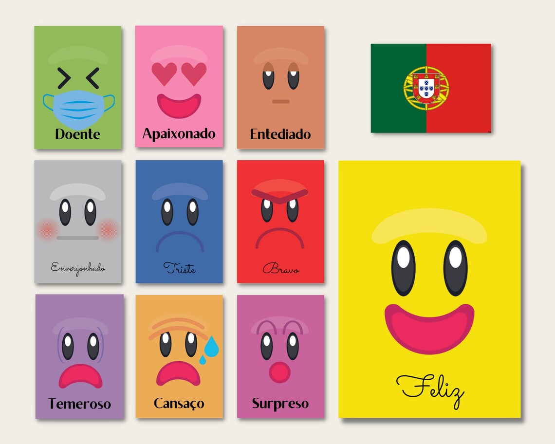 PORTUGUESE Emotions and Feelings Flashcards Montessori Language Flash ...