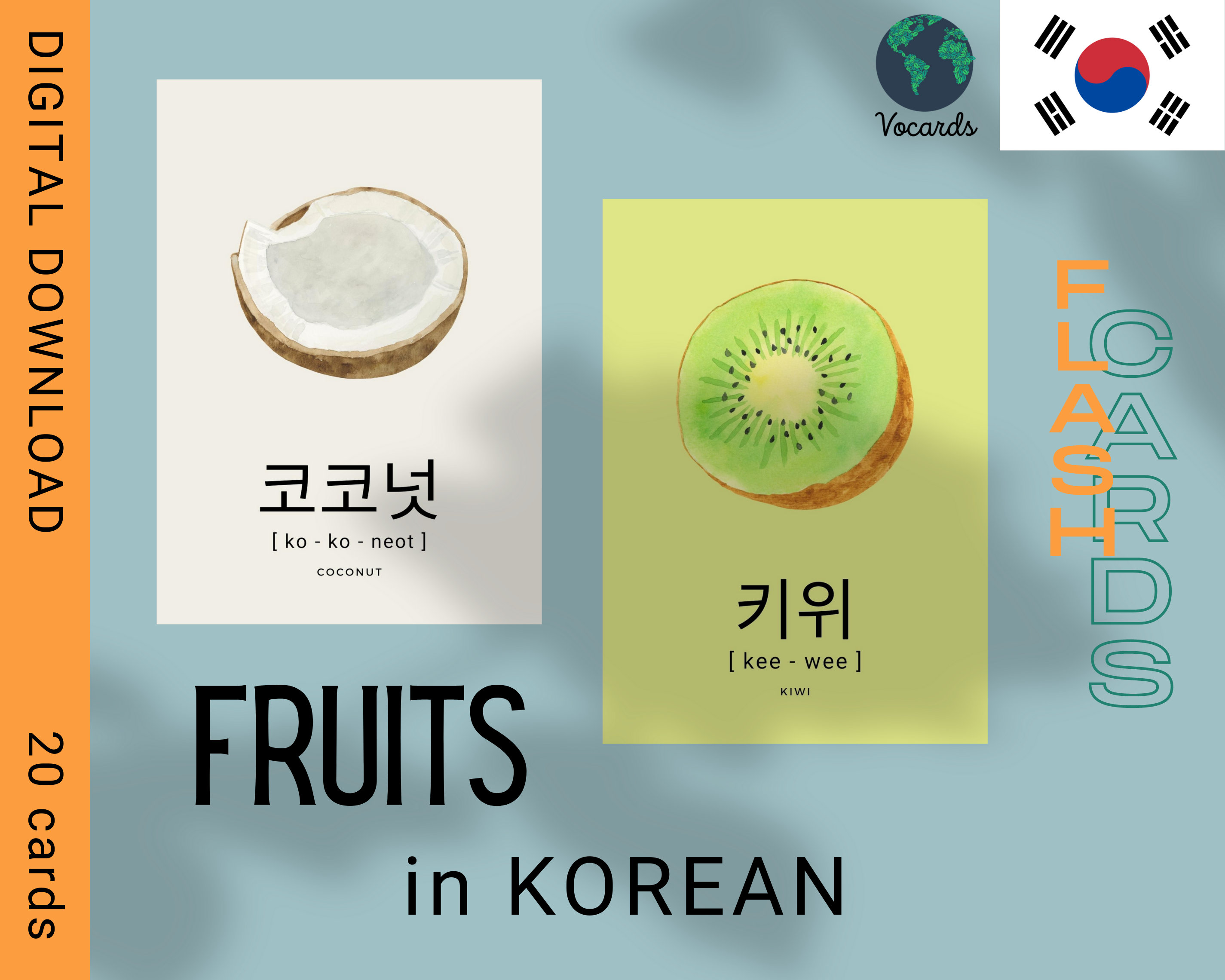 KOREAN Fruits Flashcards Montessori Printable Educational Material for ...