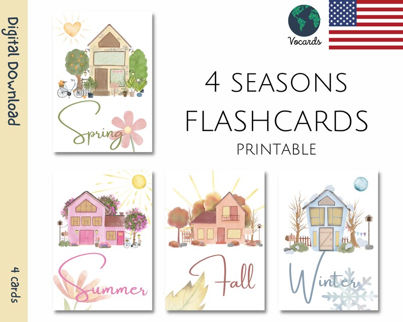 English Vocabulary Cards Seasons Flashcards Printable - Etsy