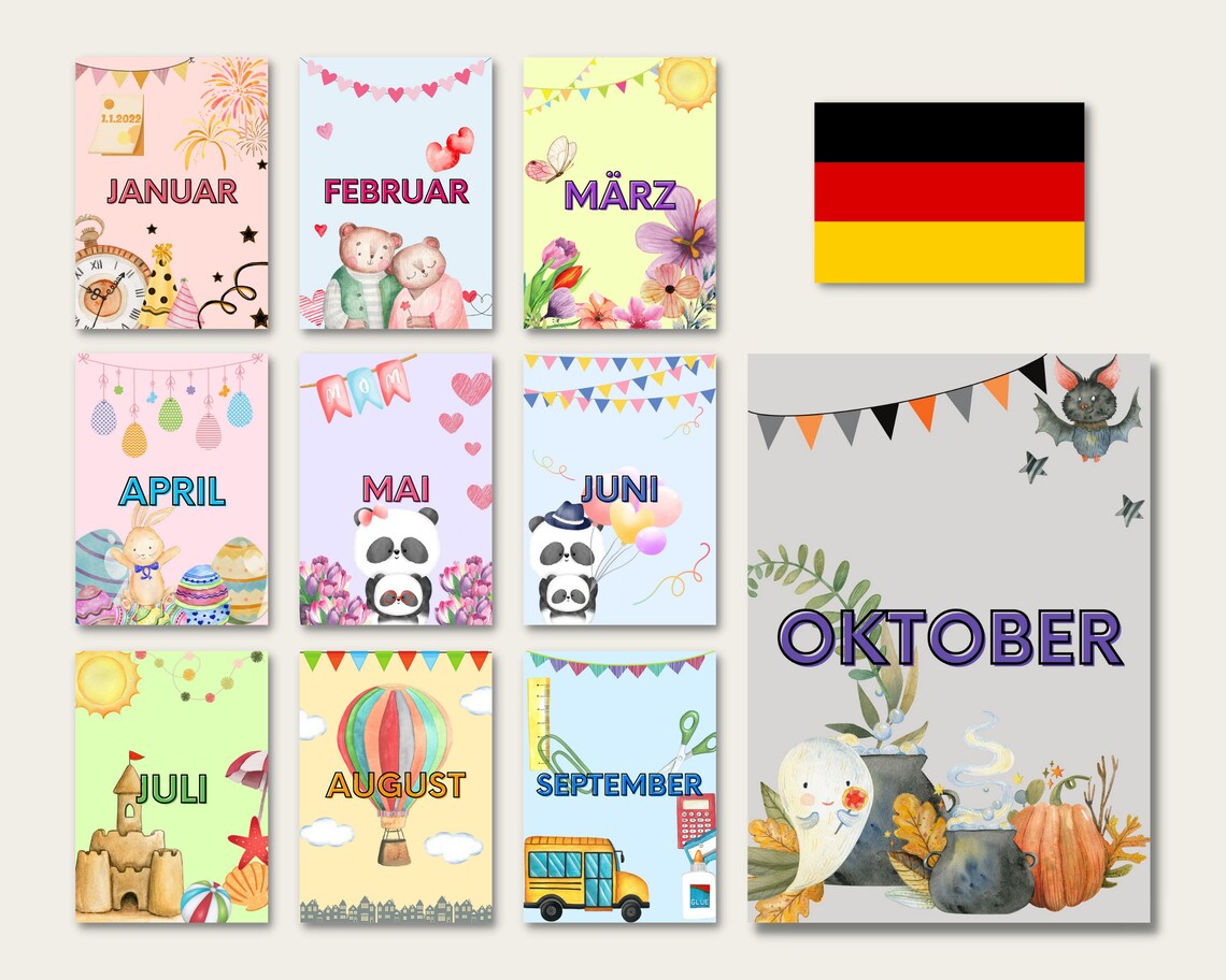 GERMAN Montessori Flashcards Months of the Year Educational Cards and ...