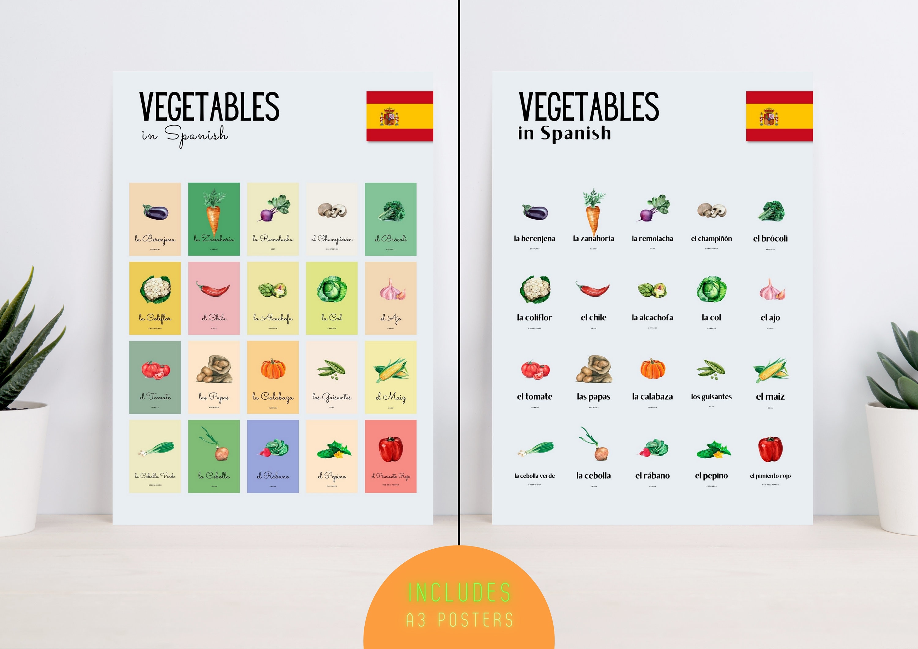 SPANISH Vegetables Flashcards Digital Montessori Flash Cards Printable ...
