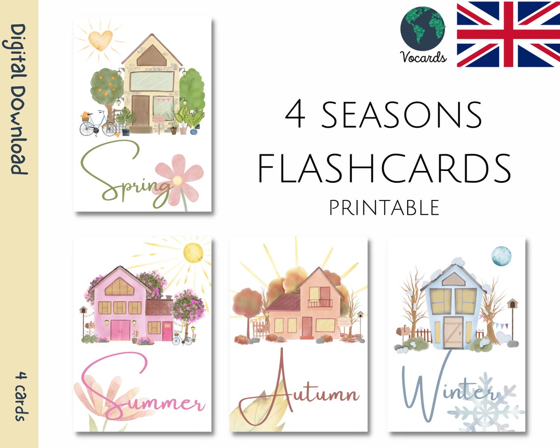 English Vocabulary Cards Seasons Flashcards Printable Educational ...