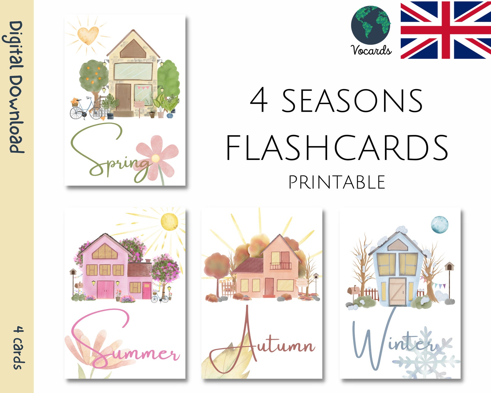 English Vocabulary Cards Seasons Flashcards Printable - Etsy