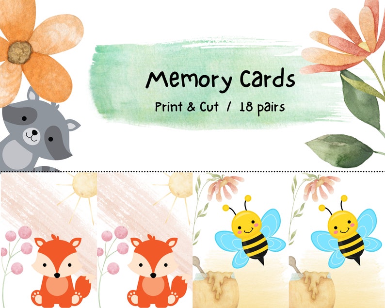 Memory Game Printable Animal Themed Cards 18 Pairs to Play Memory ...