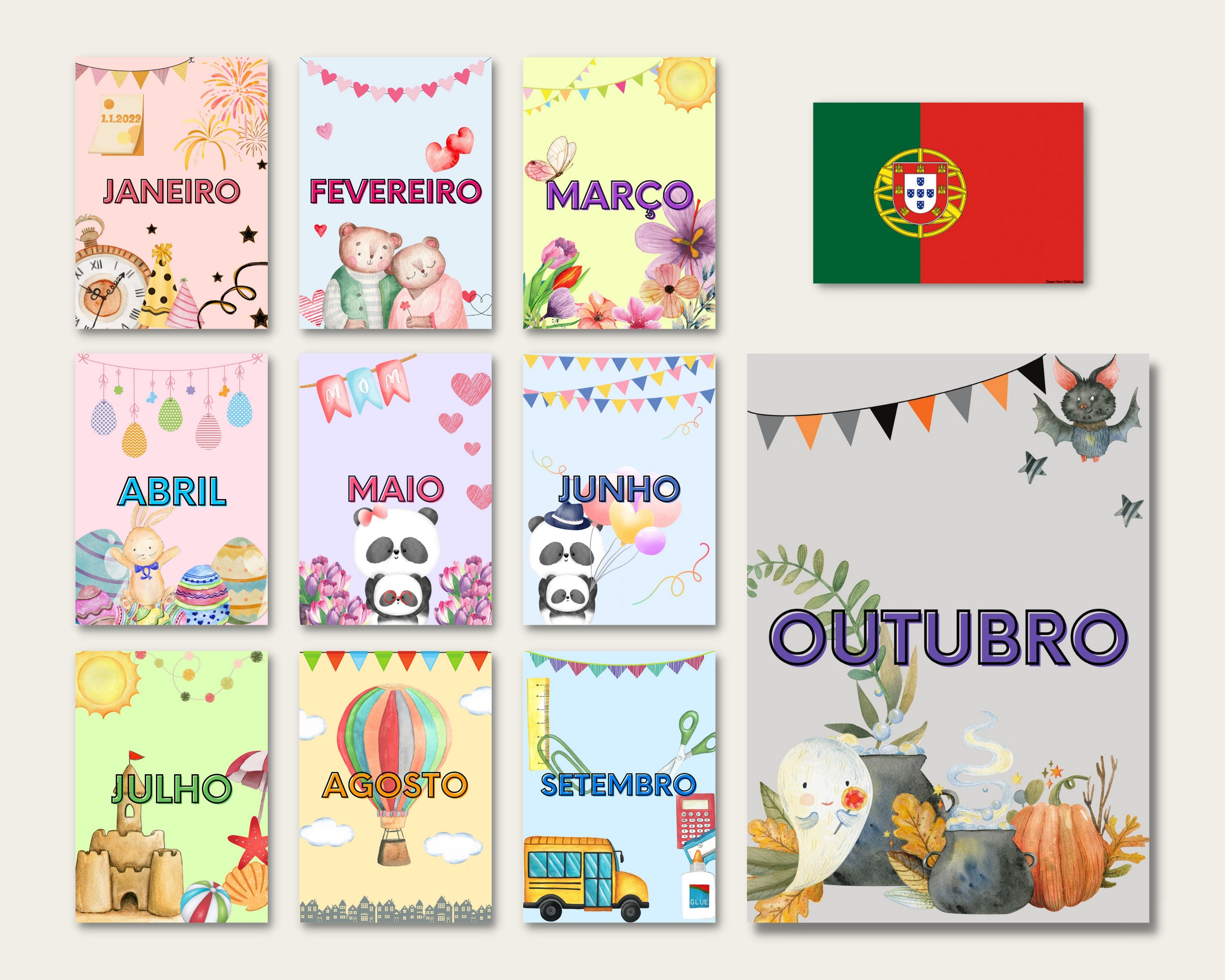 PORTUGUESE Months of the Year Montessori Flashcards Portugal Brazil ...