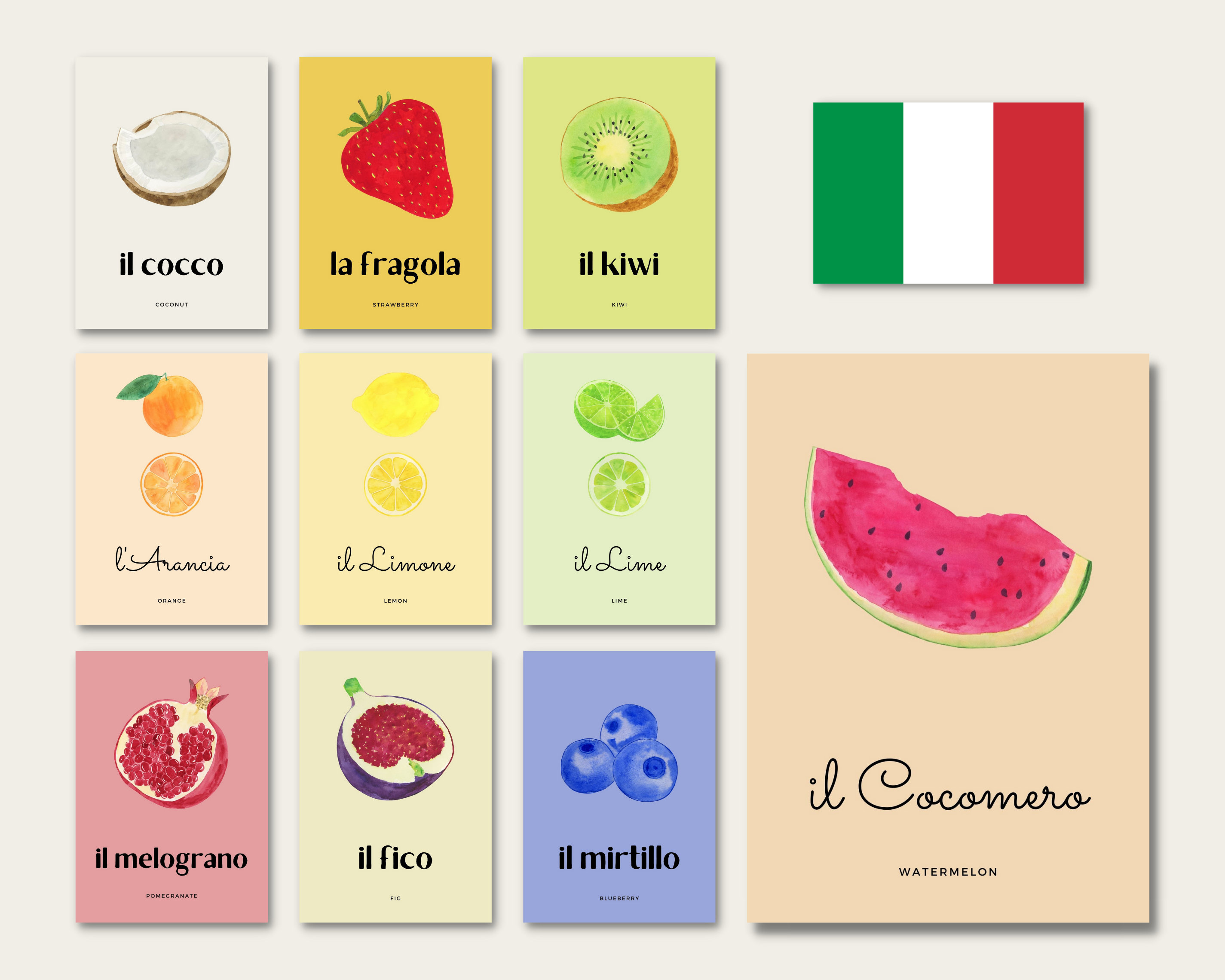 ITALIAANS Fruits Tweetalige Flashcards Digitaal Afdrukbaar Educatief ...