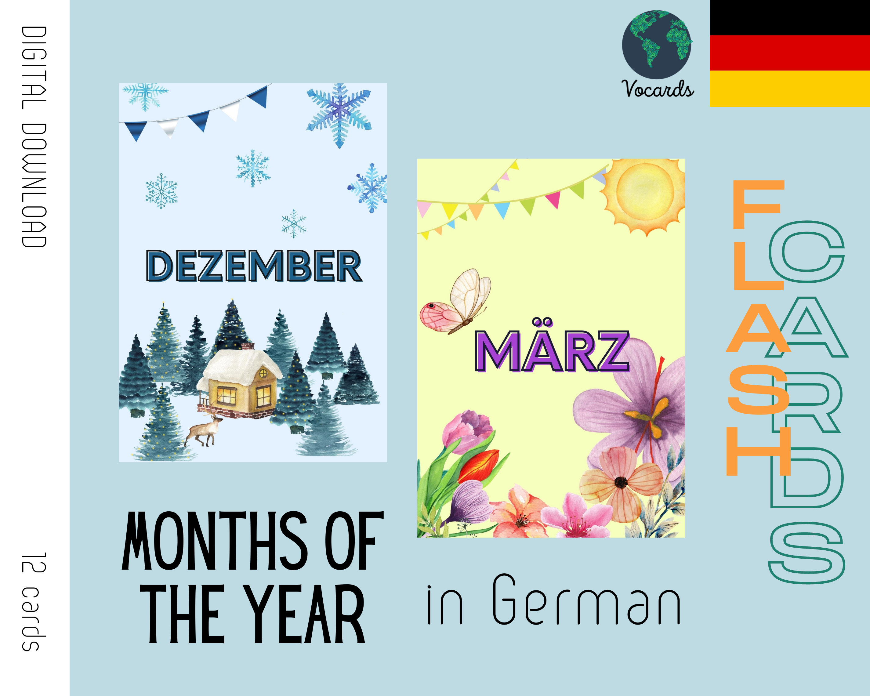 GERMAN Montessori Flashcards Months of the Year Educational Cards and ...