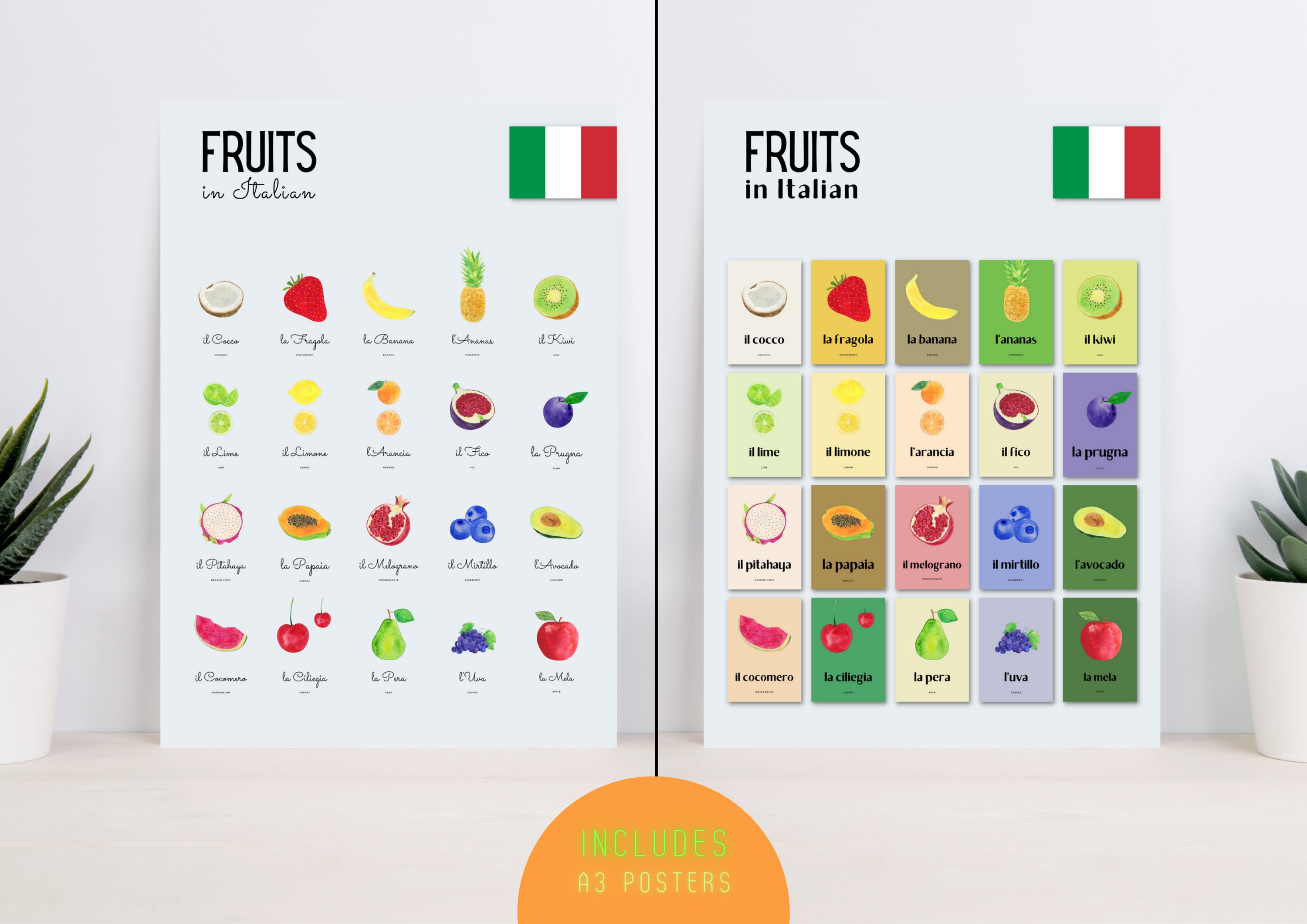 ITALIAANS Fruits Tweetalige Flashcards Digitaal Afdrukbaar Educatief ...