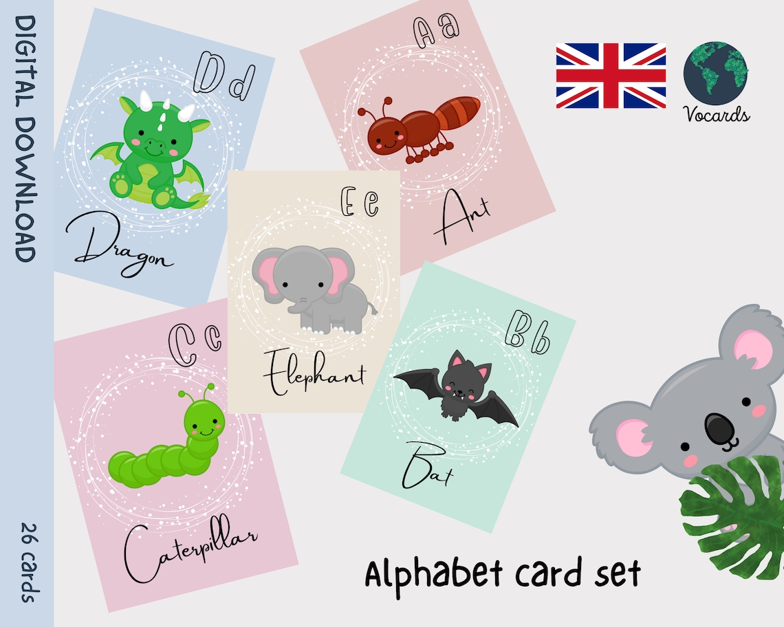 ENGLISH Alphabet ABC Animal Cards Language Learning School Montessori ...