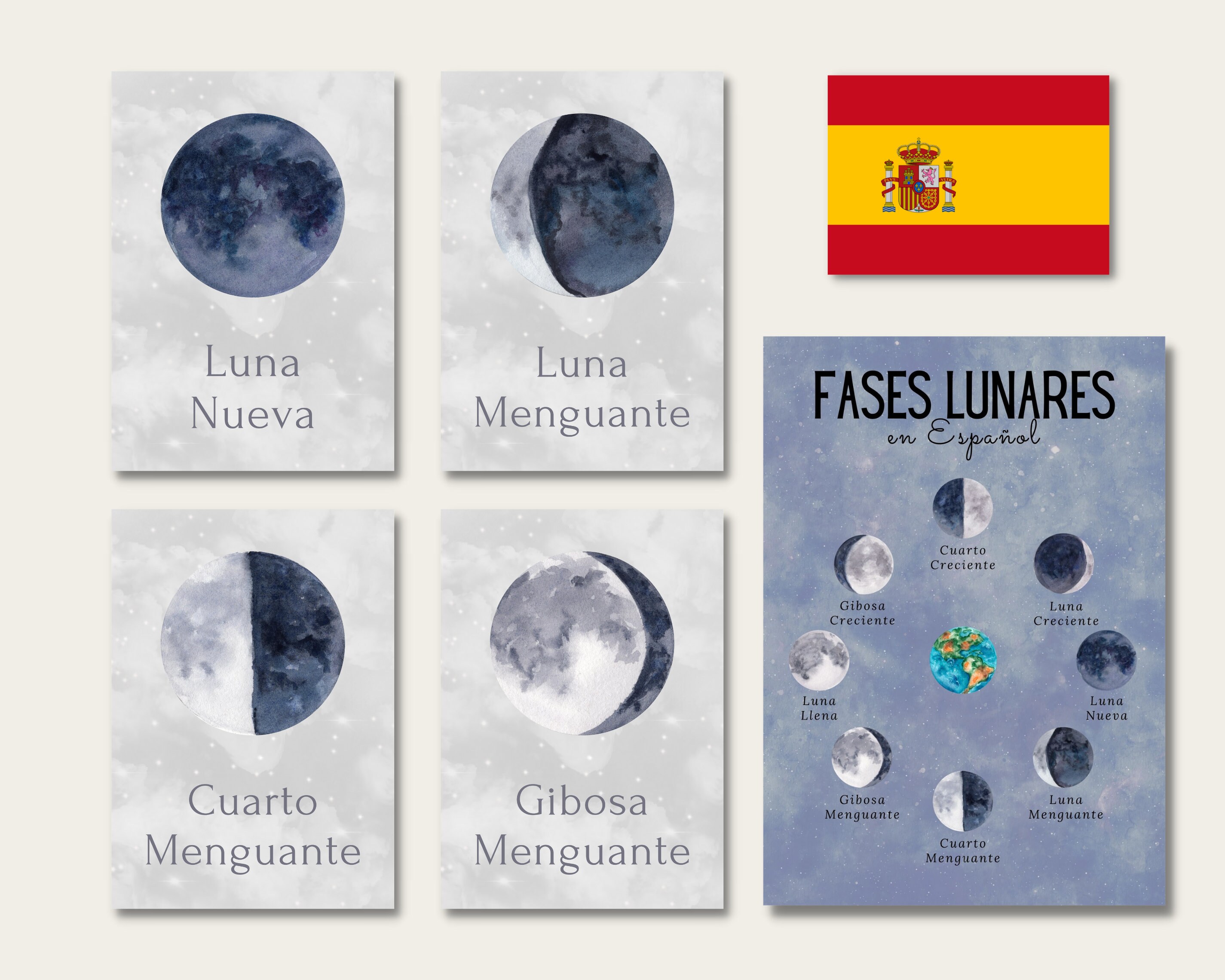 SPANISH Moon Phases Montessori Flashcards Learn Astrology - Etsy