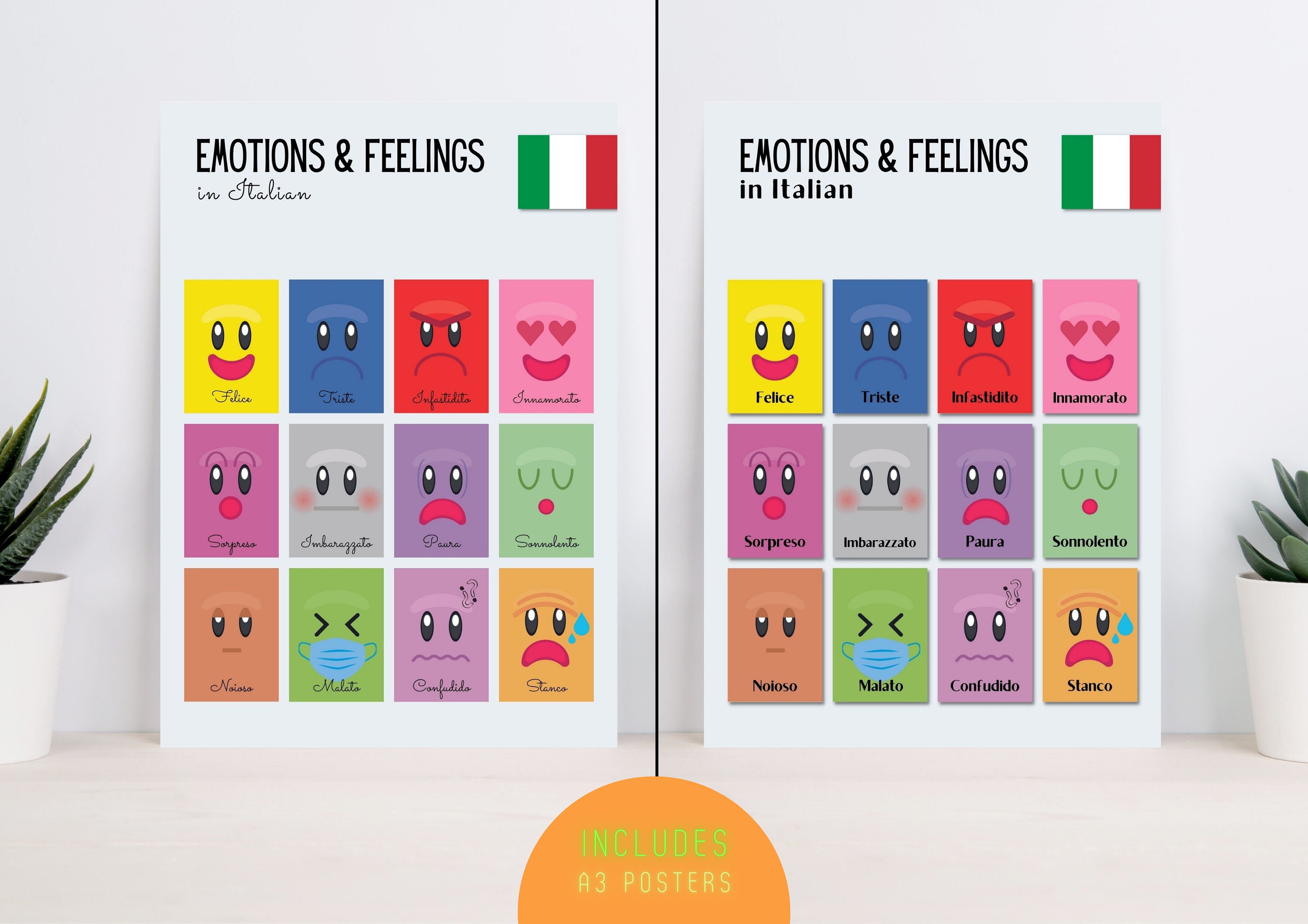 ITALIAANS Emoties En Gevoelens Flashcards Montessori Taal Flash-kaarten ...