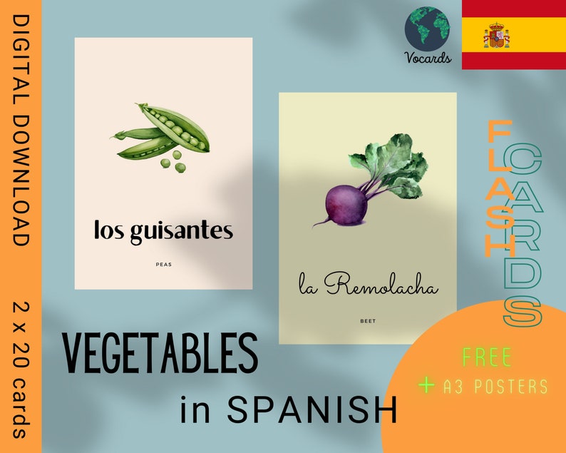 SPANISH Vegetables Flashcards Digital Montessori Flash Cards Printable ...