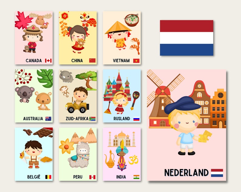 DUTCH Printable Montessori Flashcards for the Country Names - Etsy