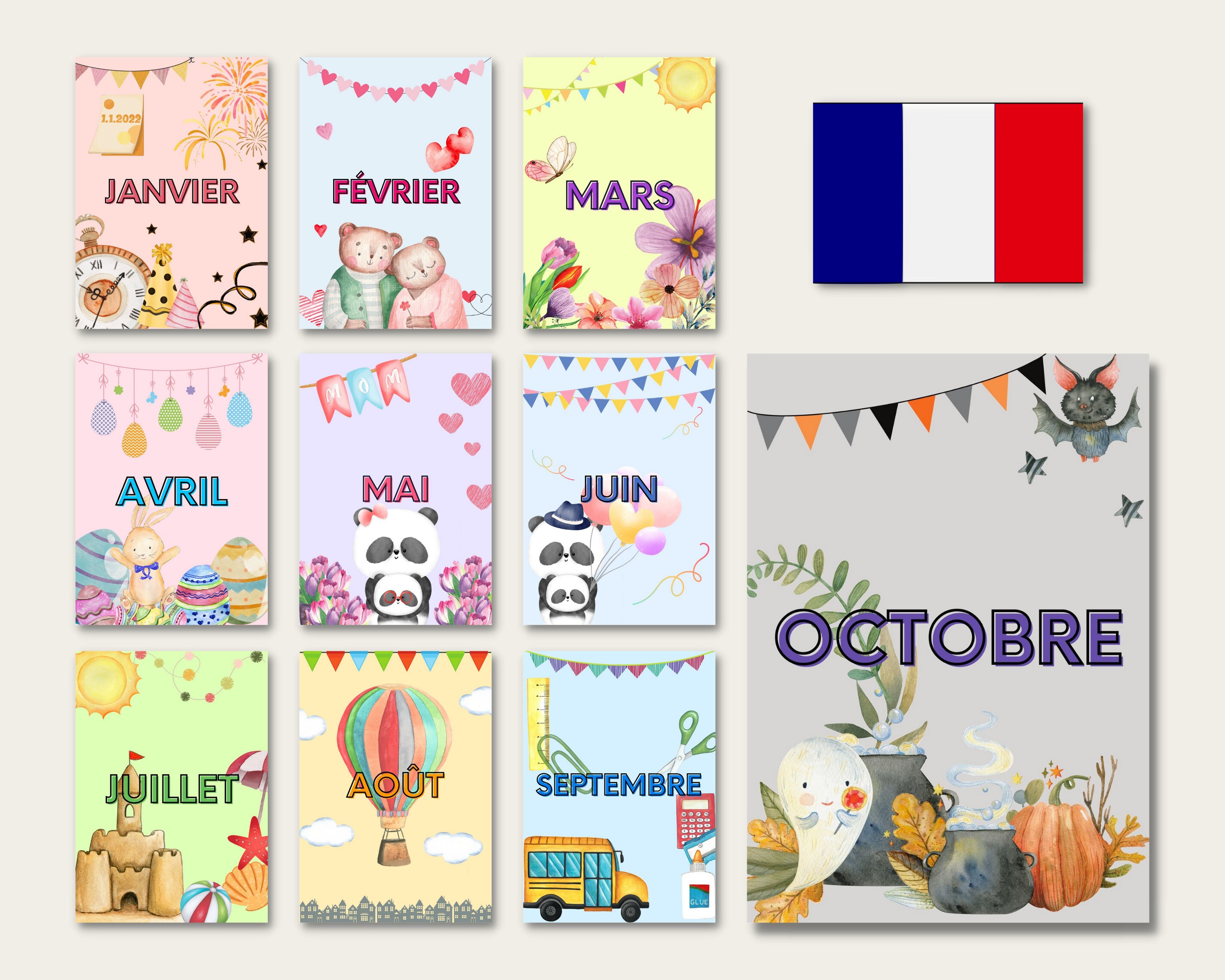 FRENCH Montessori Material Months of the Year Printable Educational ...