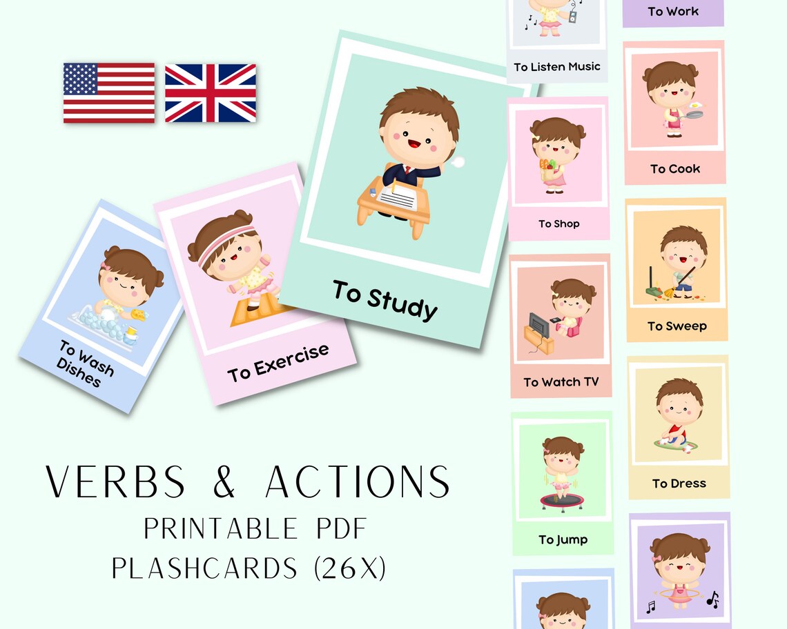 English Language Flashcards Montessori for Verbs and Everyday Actions ...