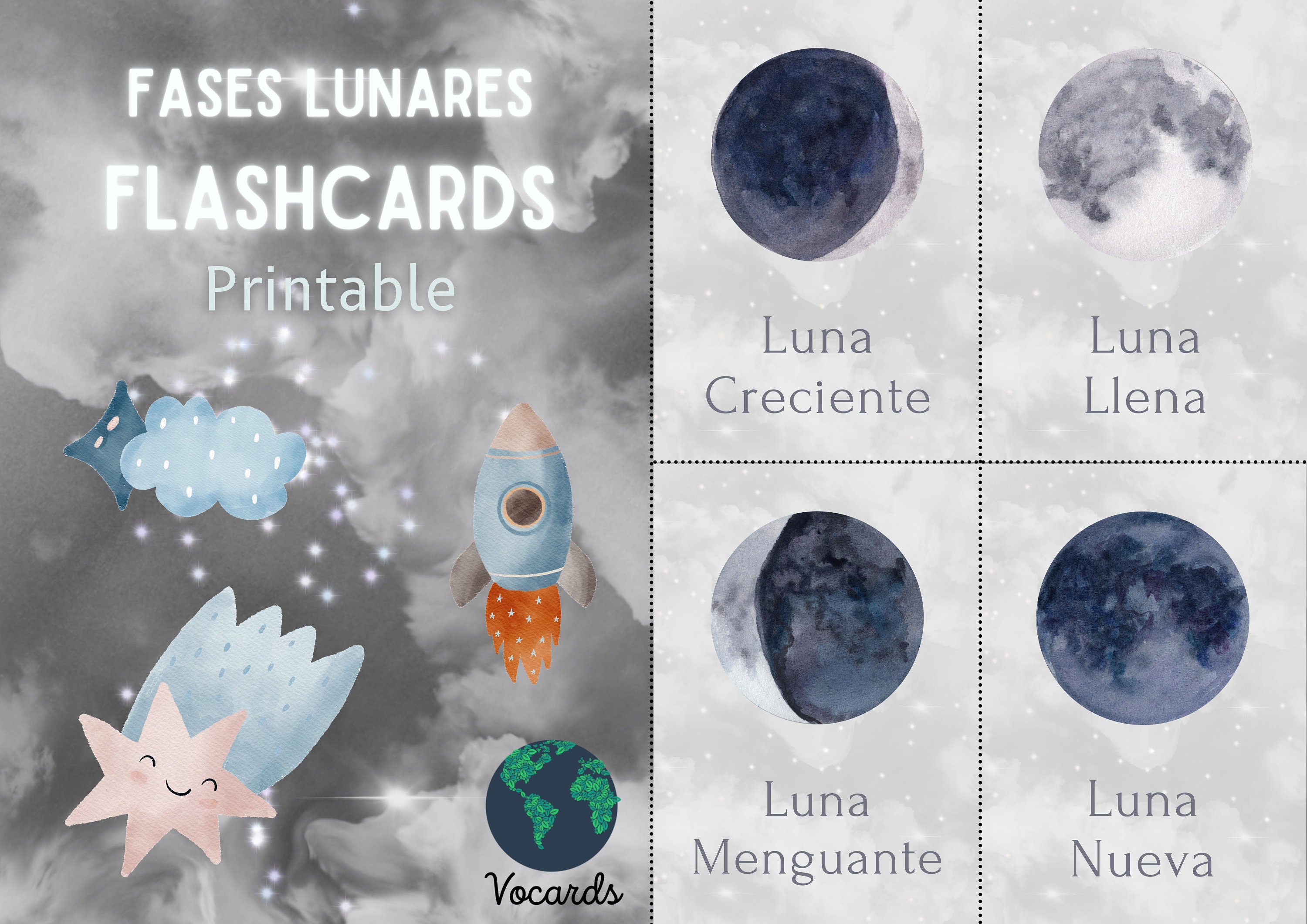 SPANISH Moon Phases Montessori Flashcards Learn Astrology - Etsy