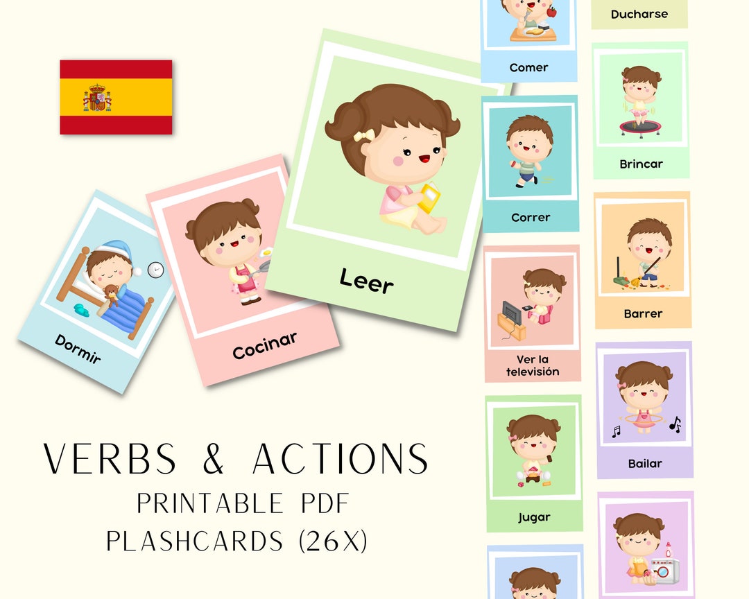 Spanish Language Flashcards Montessori for Verbs and Everyday Actions ...