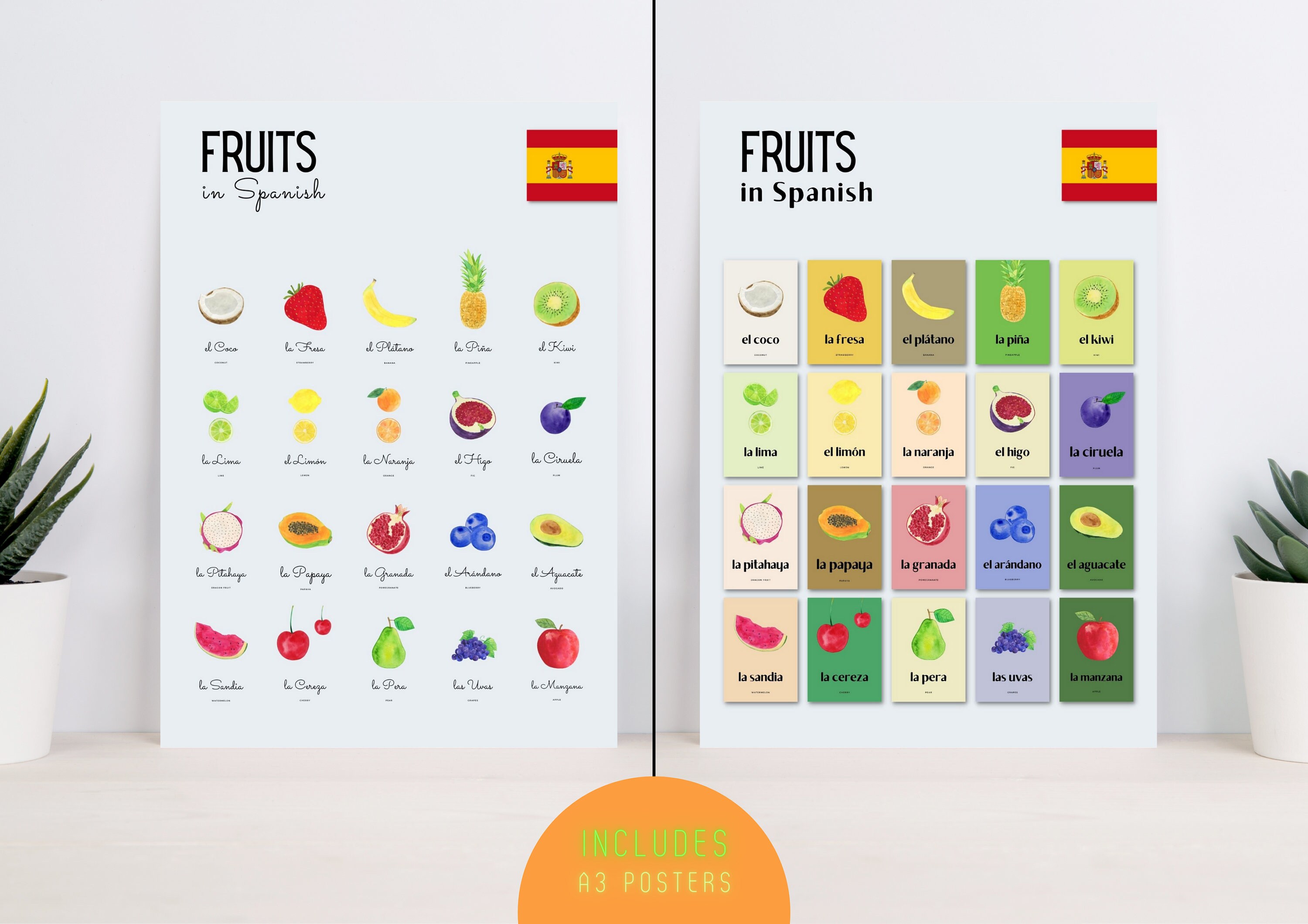 Printable Spanish Montessori Flashcards for Fruits With - Etsy