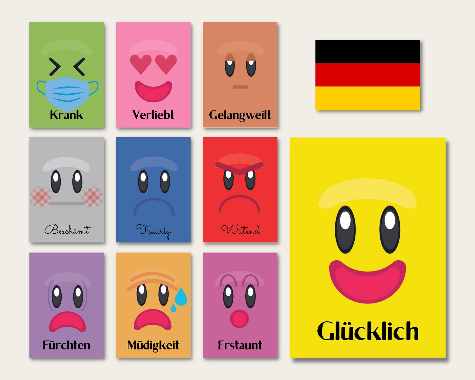 GERMAN Emotions and Feelings Flashcards Montessori Language Flash Cards ...