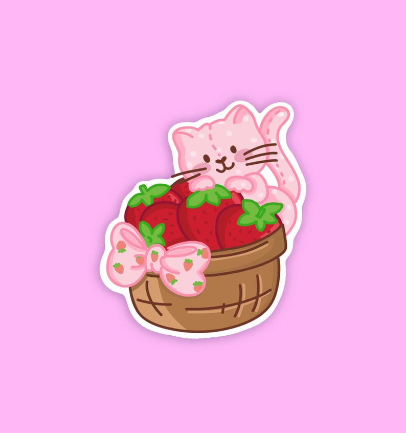 STRAWBERRY Cat Vinyl STICKER / Cat Berry Happy Sticker - Etsy