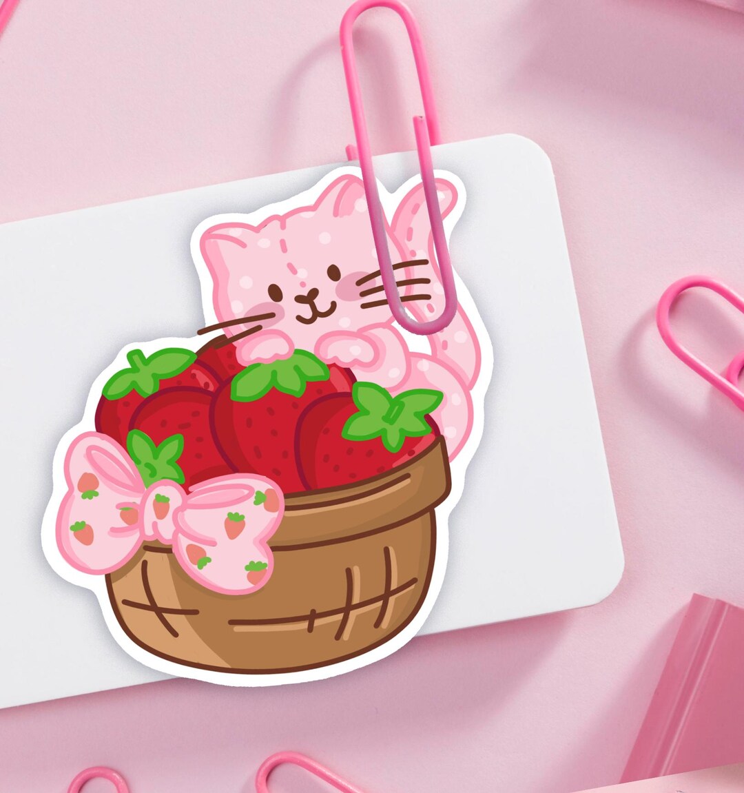 STRAWBERRY Cat Vinyl STICKER / Cat Berry Happy Sticker - Etsy