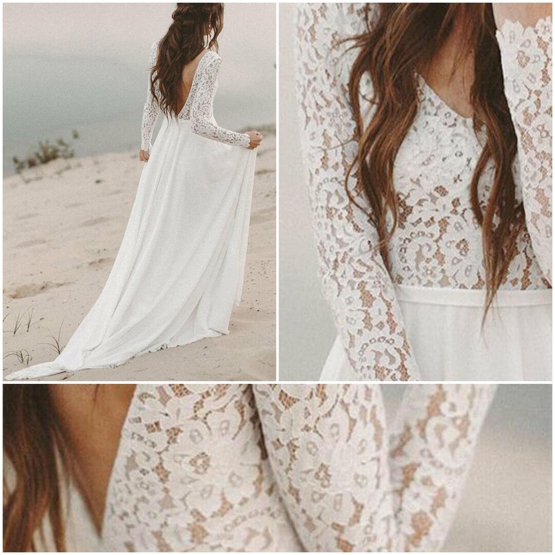 Long Sleeve Wedding Dress Low Back Bridal Gown Chiffon Flowy A-line ...