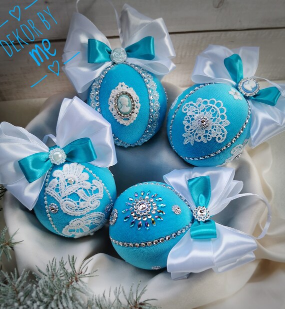 Christmas Tree Decor in Vintage Style. Turquoise Xmas Decor. Blue Christmas Decor Etsy