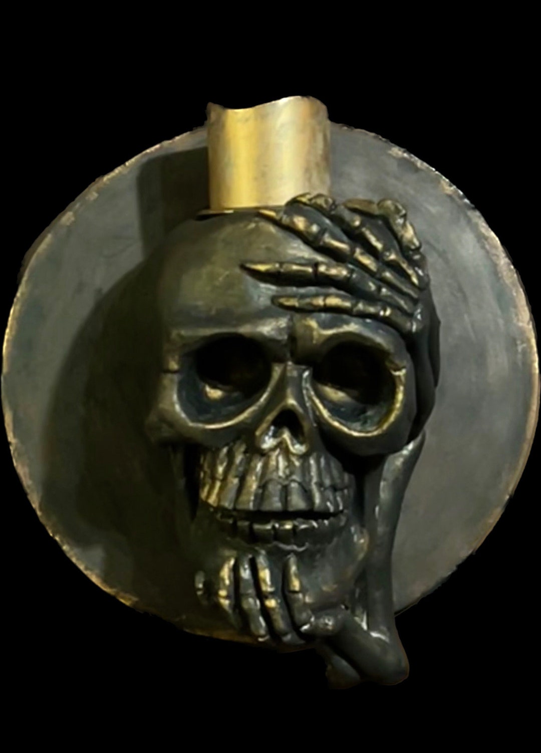 Hand Painted Skull / Skeleton With Hands Round Plaque Tea Light ...