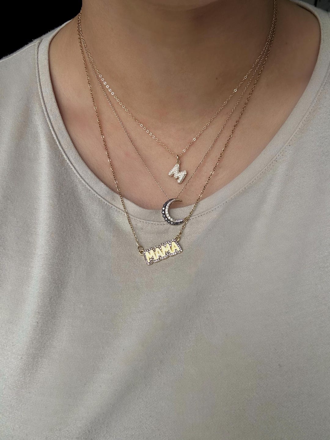 Gold “MAMA” Pendant Necklace • Pink Rhinestone Outline • Mother’s Day ...