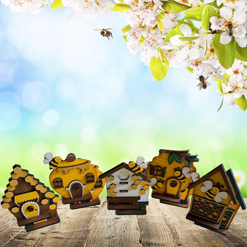 Honey Bee Houses, Bee House, Bee Shelf Sitters, Bee Decor, Set of 5 ...