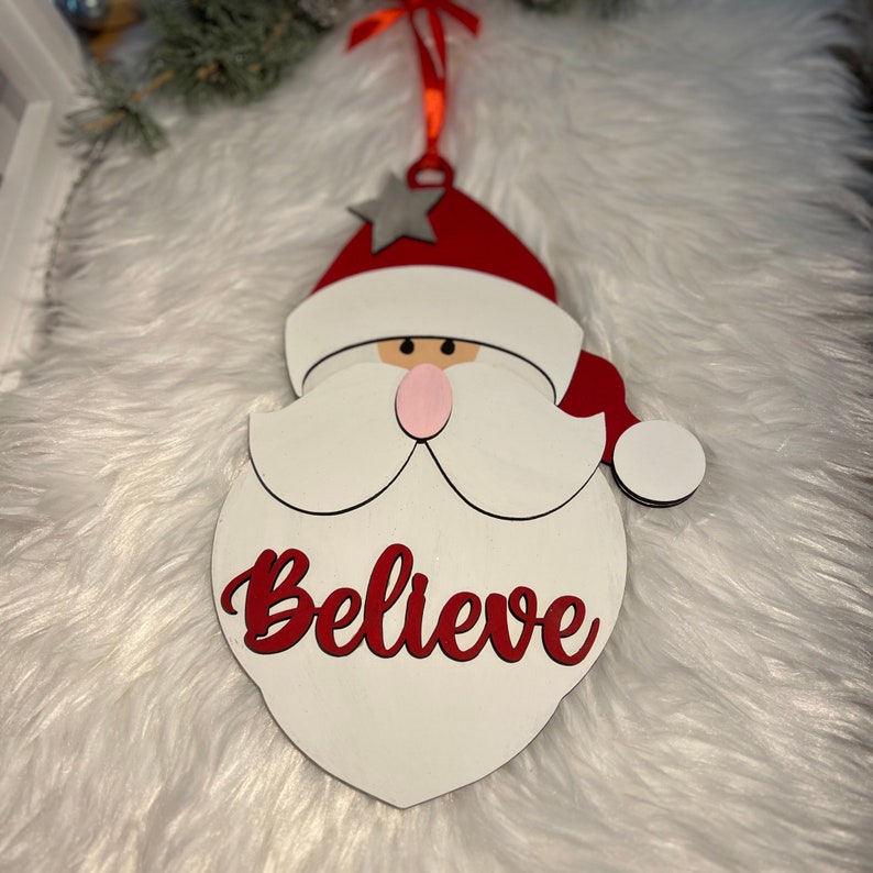 Santa Claus 3D "believe" Hanging Sign, Door Hanger 11" With Red Satin ...