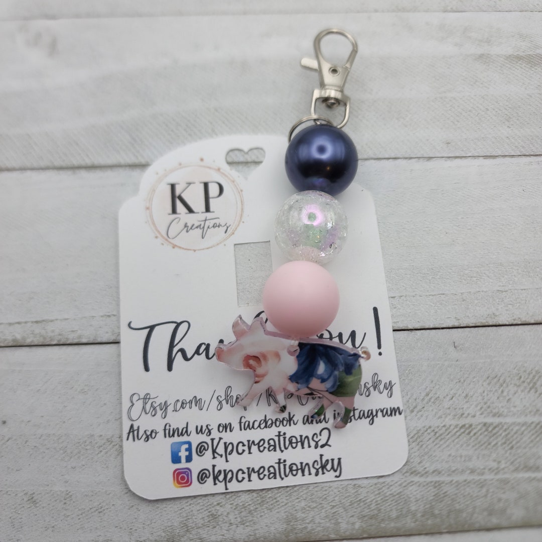 Pig Beaded Keychain/floral Pig Beaded Keychain/navy Blue and Blush Pink ...