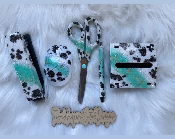 Cowhide Desk Set, Cow Print Stapler, Teacher Supply, Teacher Desk Set ...