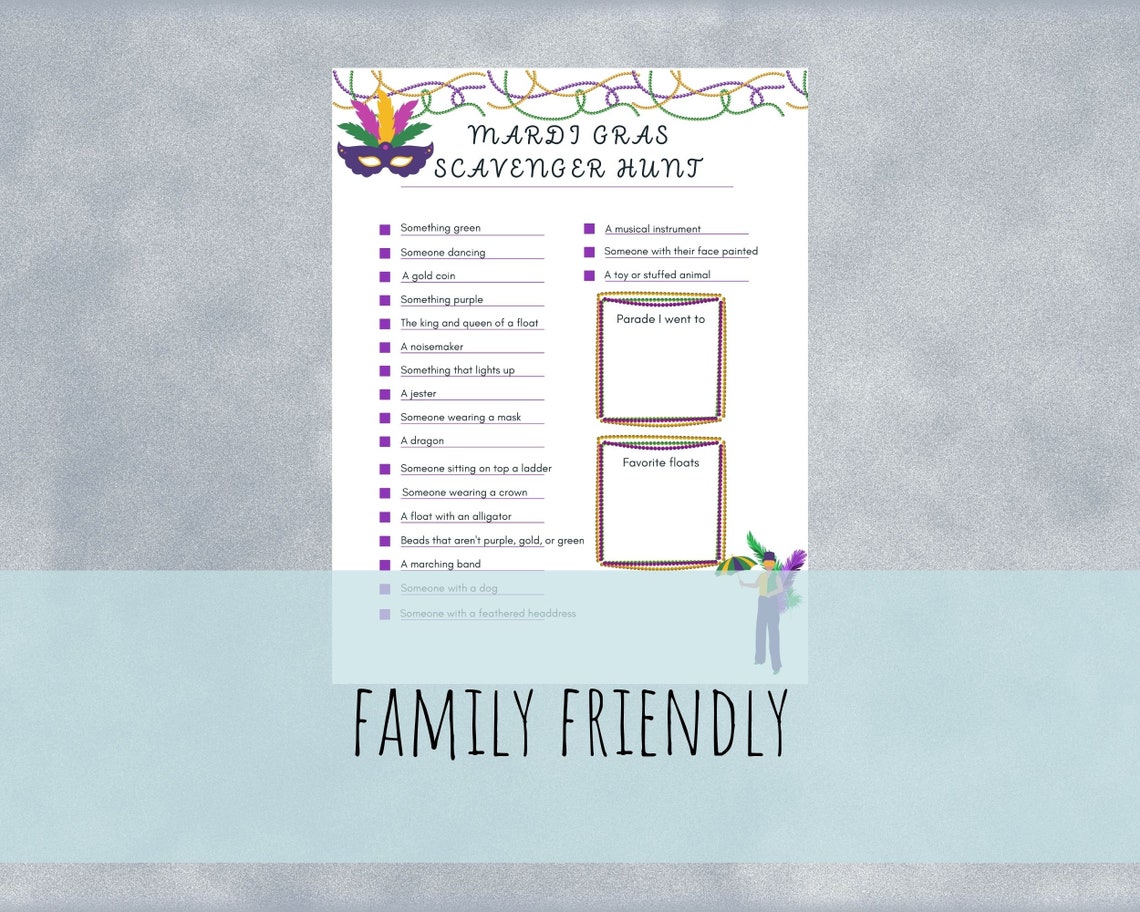 Mardi Gras Kid's Scavenger Hunt Printable | Kid's Activity Sheet ...