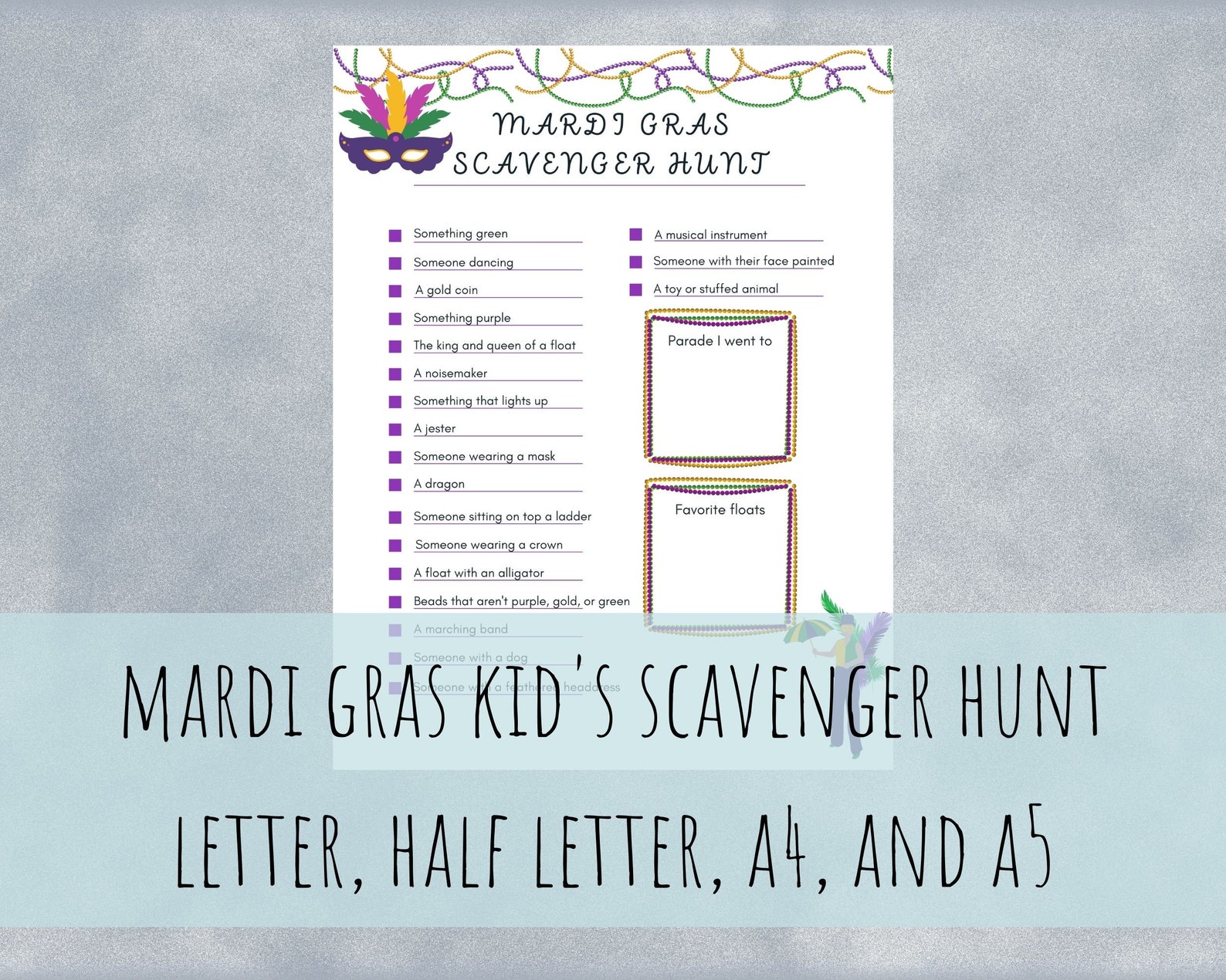 Mardi Gras Kid's Scavenger Hunt Printable | Kid's Activity Sheet ...
