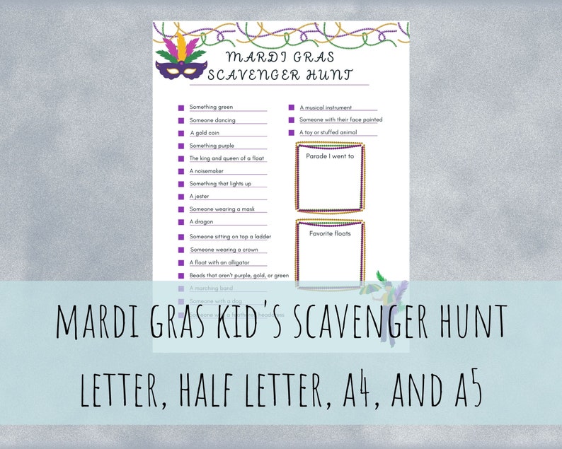 Mardi Gras Kid's Scavenger Hunt Printable | Kid's Activity Sheet ...