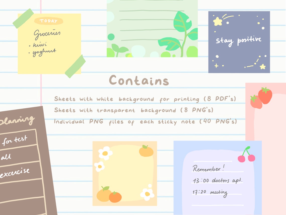 Cute Digital Sticky Note Stickers Set | Pastel Kawaii Printable ...