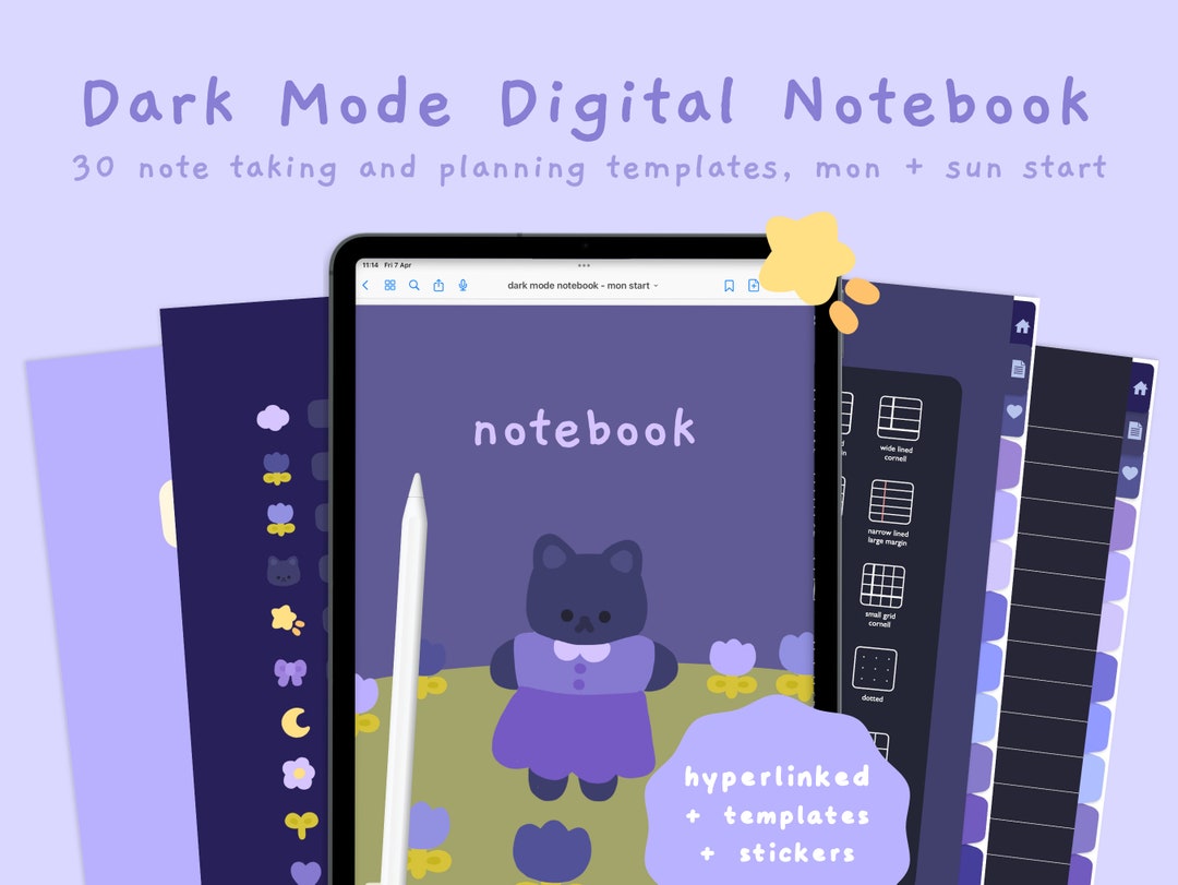 Cute Dark Mode Digital Notebook | Hyperlinked Goodnotes5 Template ...