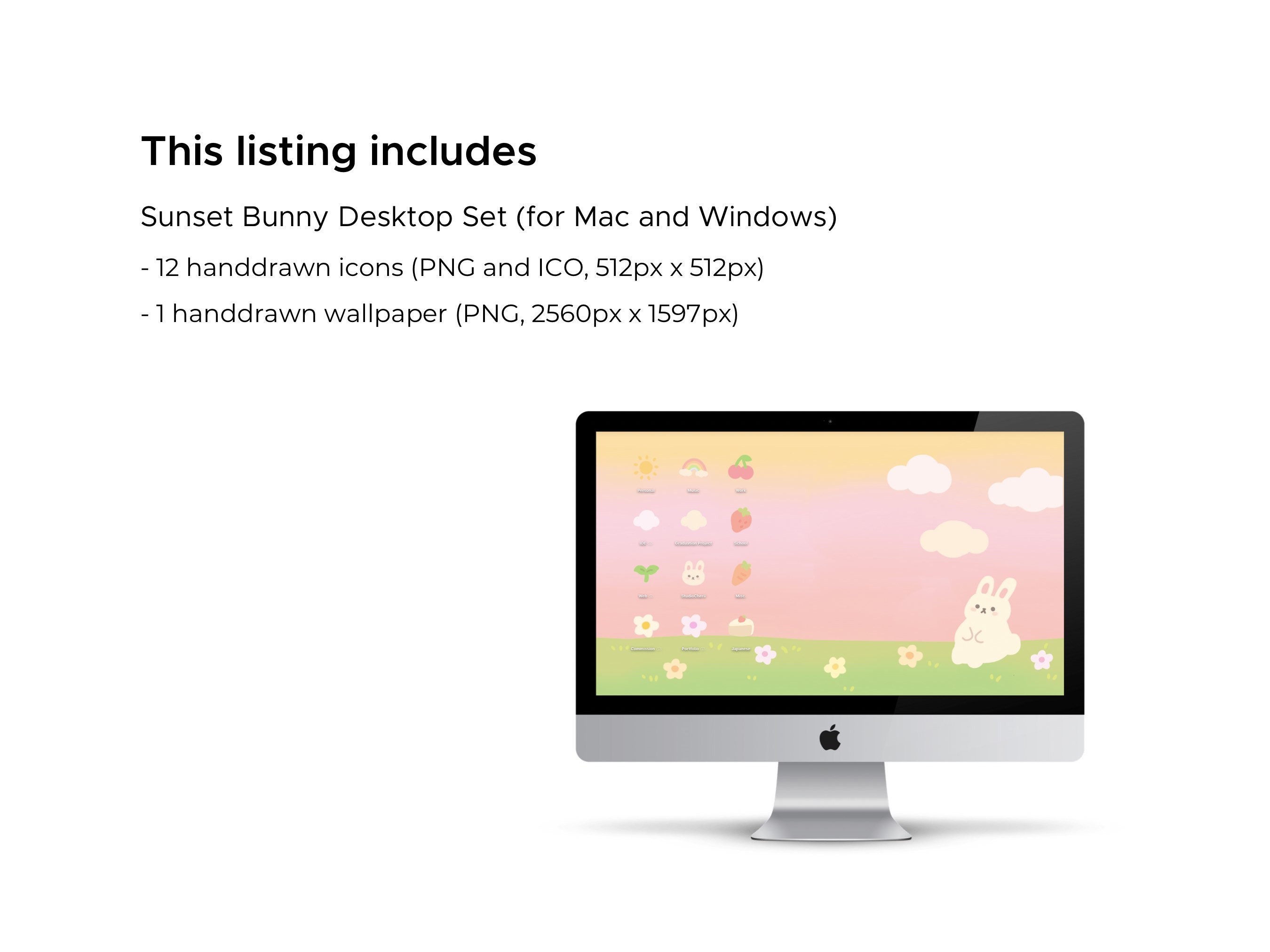 Cute Sunset Bunny Desktop Set 12 Digital Icons Wallpaper - Etsy